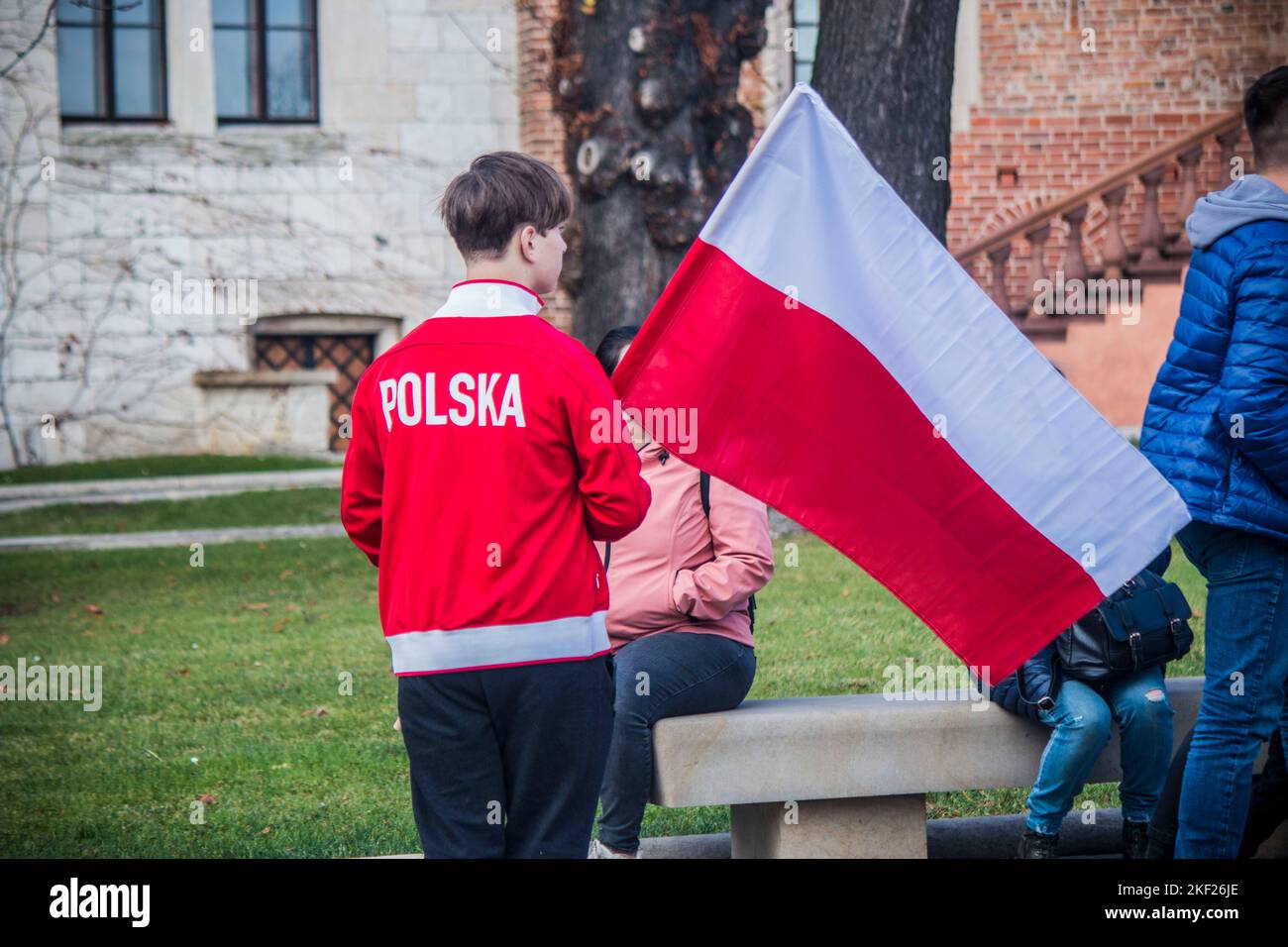 Polish child with giant polish flag Stock Photo - Alamy