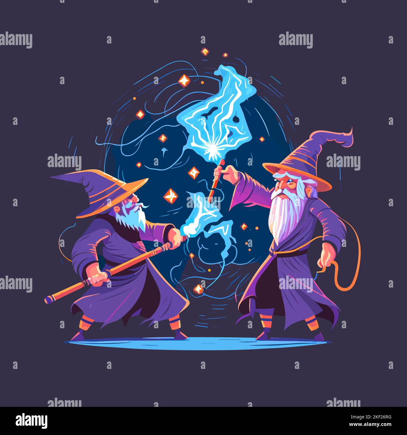 A vector of two wizards fighting each other with magic spells Stock ...