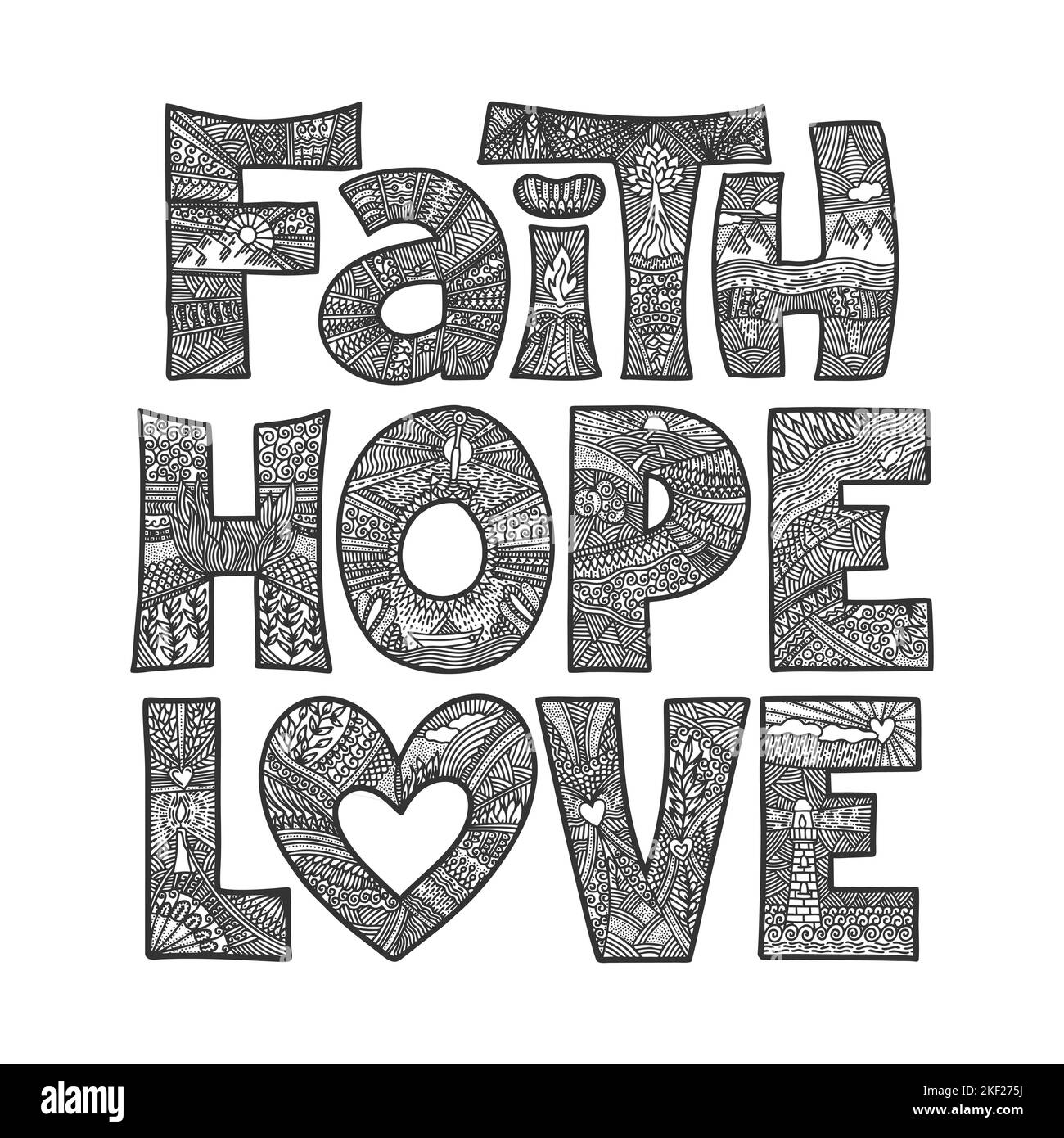 Christian illustration in a doodle style. Faith, Hope, and Love are ...