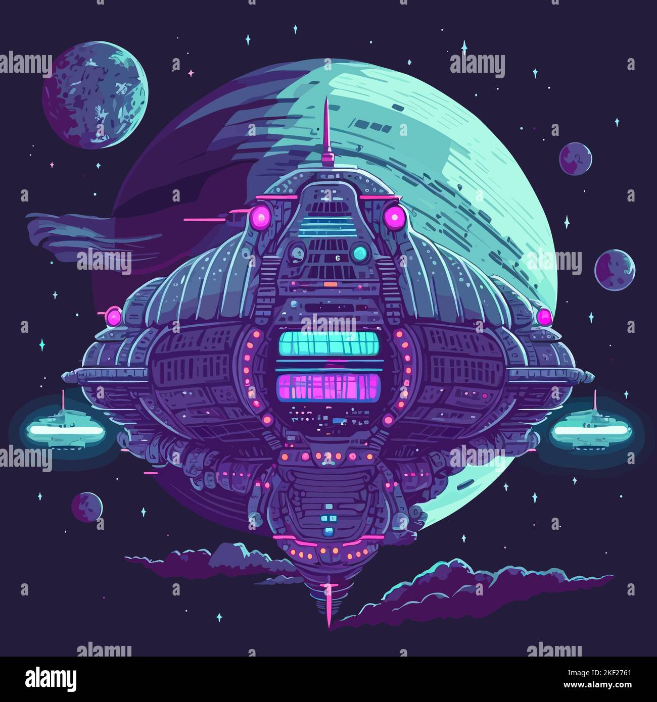 A vector of a futuristic spaceship hovering over a planet Stock Vector ...