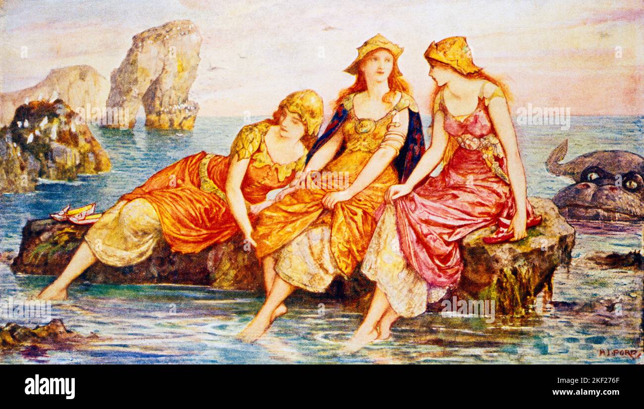1890s 3 SIRENS LOUNGING ON ROCKS MYTHICAL WOMEN WHO LURE MARINERS AND ...