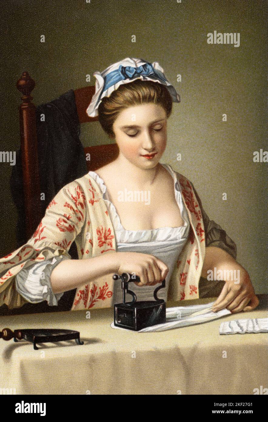1760s THE LAUNDRY MAID DOMESTIC SERVANT IRONING USING A BOX IRON WITH ...