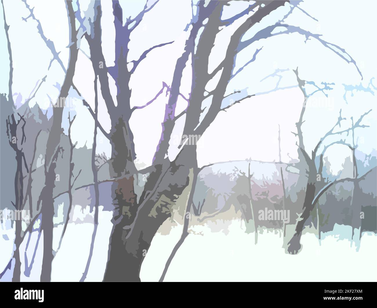 Simple winter landscape in cold tonality -park motifs. Trees in the ...