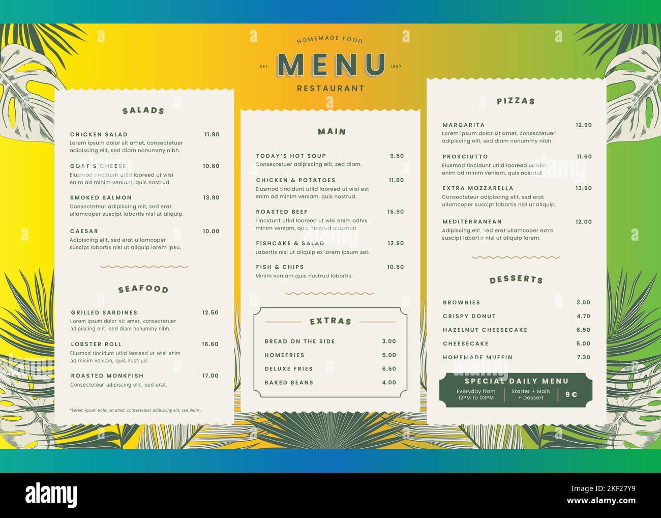 restaurant menu template with tropical leaves vector design ...