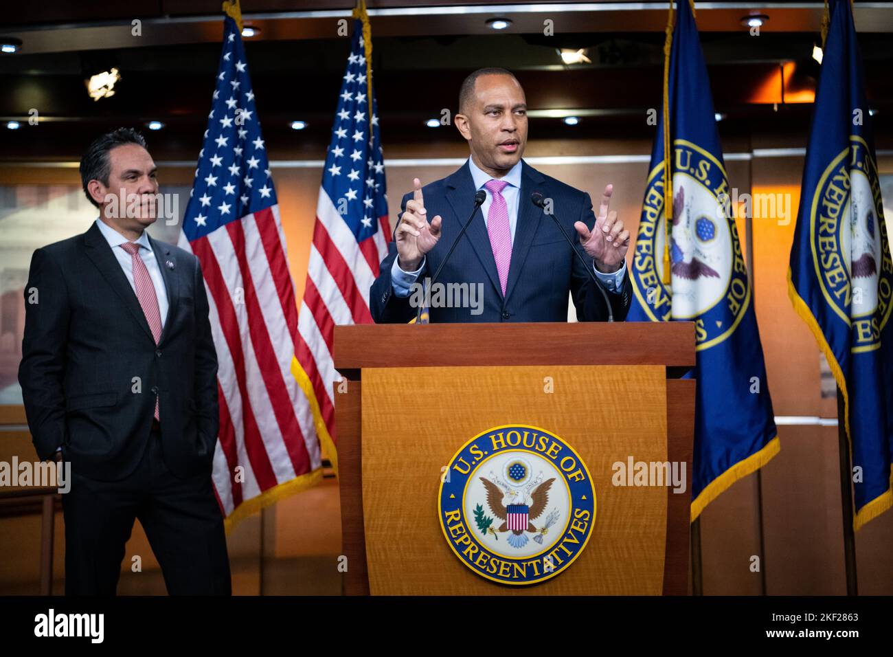 Representative Hakeem Jeffries (D-N.Y.) speaks to media during a post ...