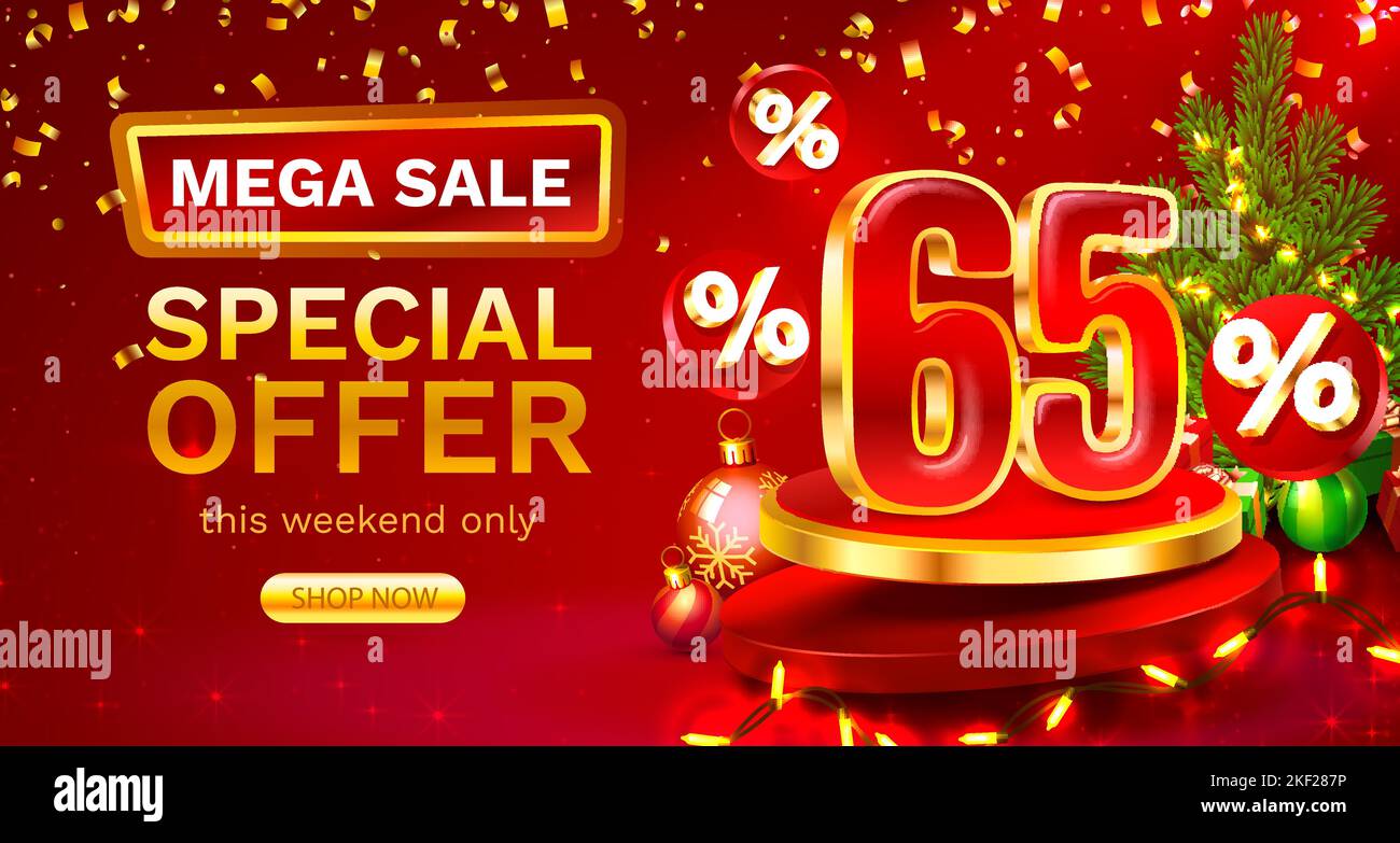Merry Christmas, 65 percent Off. Discount creative composition. Sale banner and poster. Vector ...