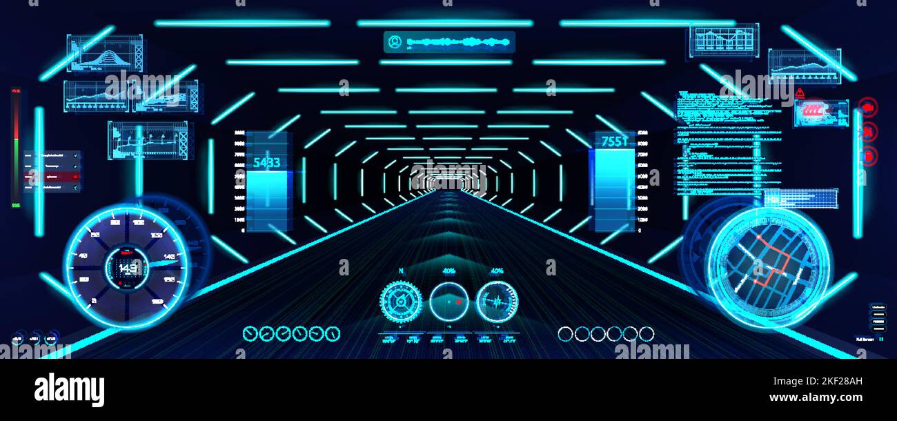 Virtual reality, simulation, cyberspace with HUD interface dashboard ...