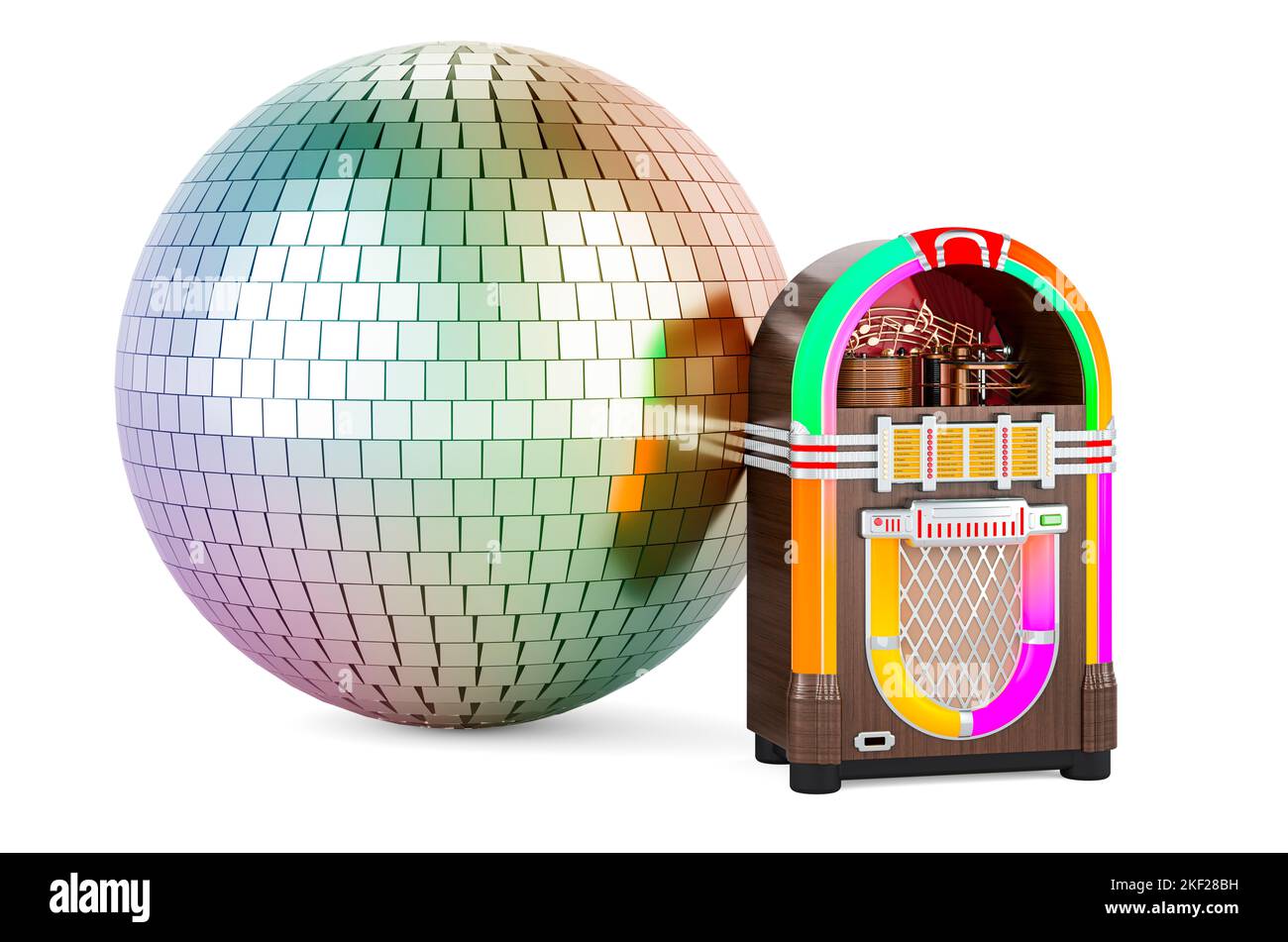 Retro party concept. Vintage jukebox with mirror disco ball, 3D ...