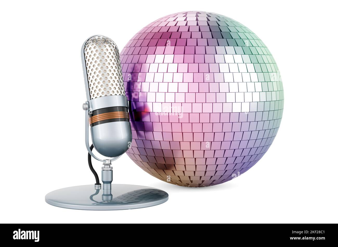 Mirror disco ball with retro microphone, 3D rendering isolated on white ...