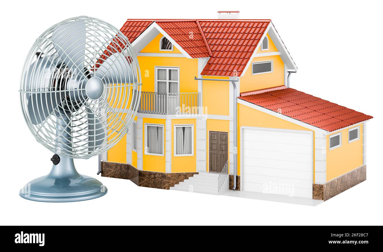 Table fan with home, 3D rendering isolated on white background Stock ...