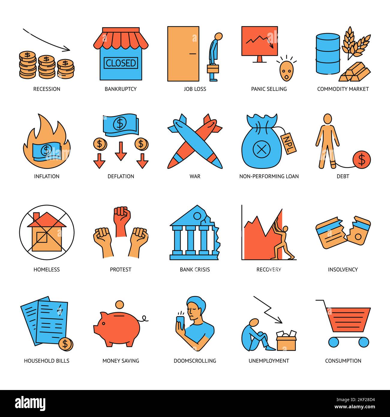 Economic crisis icon set in colored line style. Vector illustration ...
