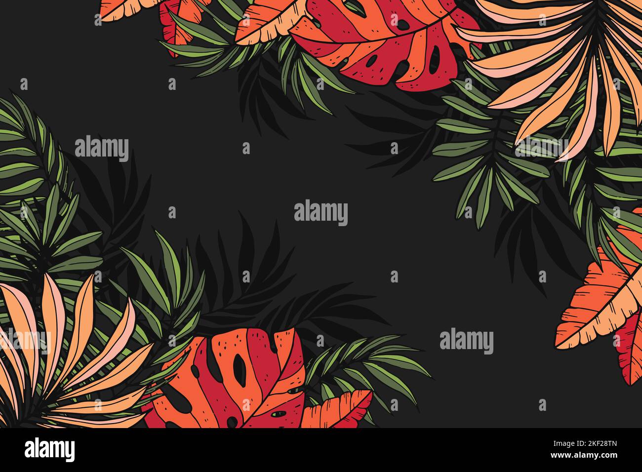 engraving hand drawn tropical leaves background vector design ...
