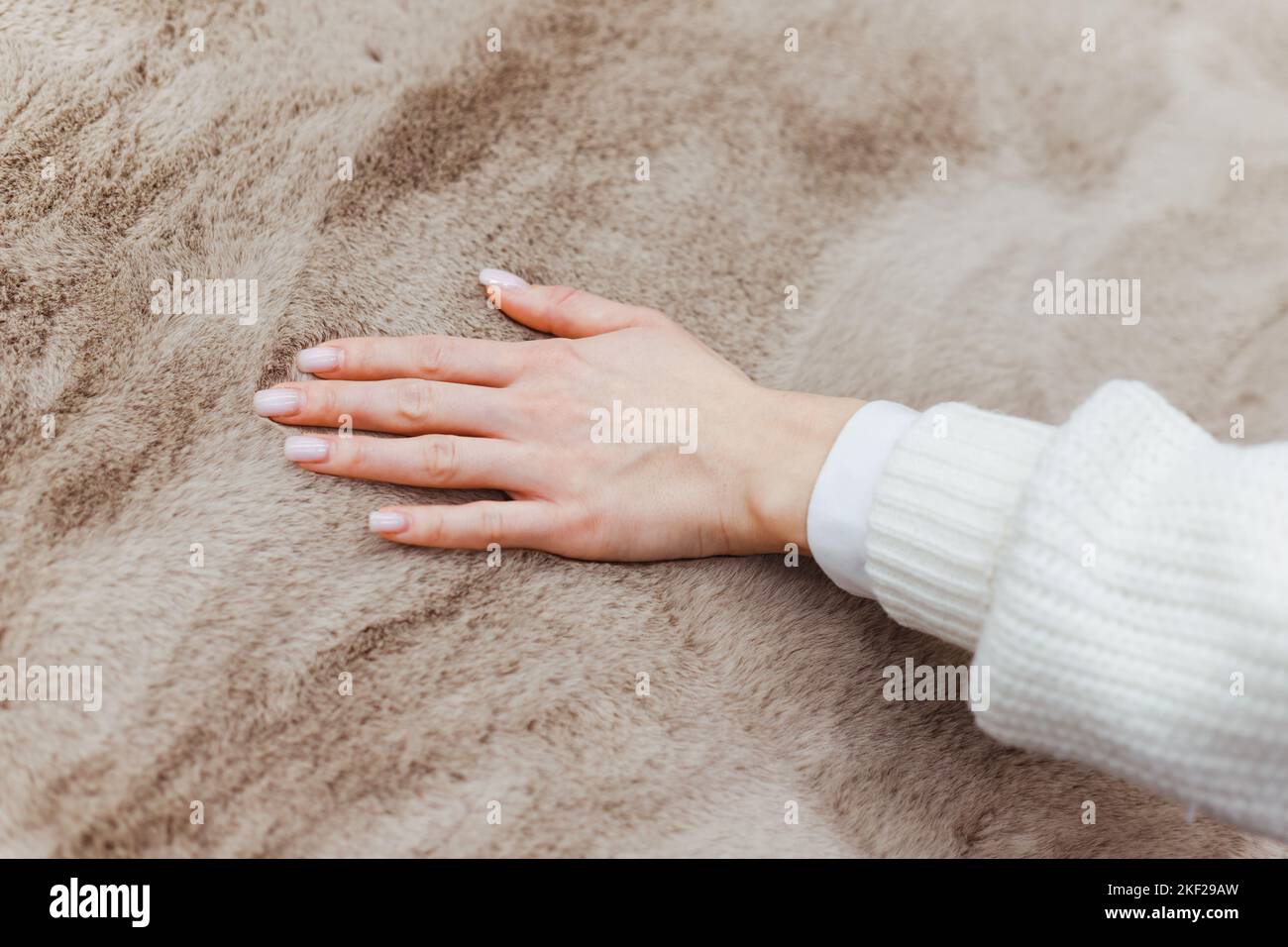 Close up of hand touching soft carpet. Gentle and fluffy carpet between ...