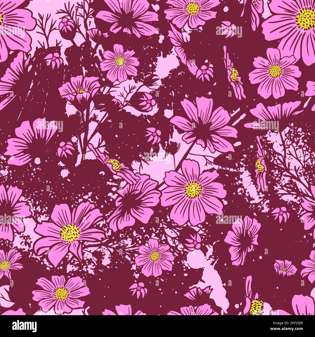 Cosmos flower seamless pattern On a dark background. Vector ...