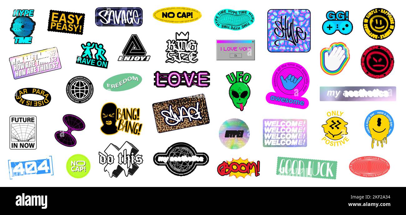 Colorful trendy sticker pack. Retro Futuristic stickers from 80s, 90s ...