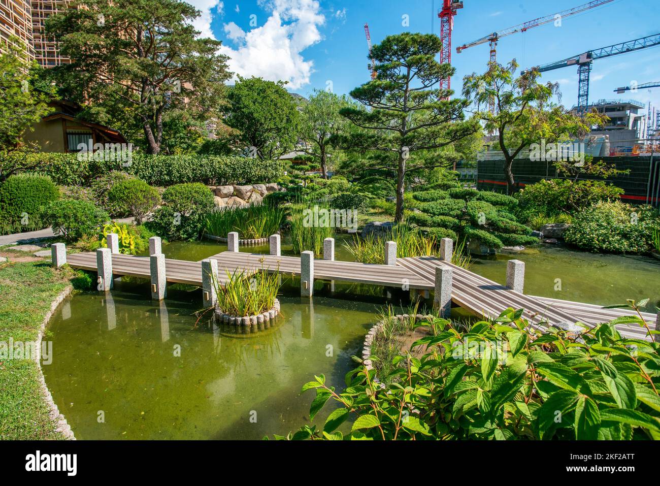 Gorgeous view in Japanese garden in Monaco with pond and wooden zigzag ...