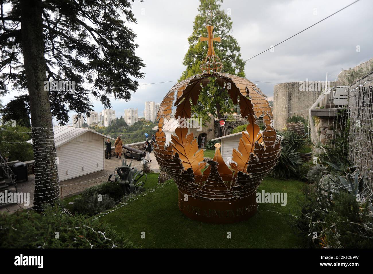 Trsat castle is decorated with lights and Christmas decorations for the ...