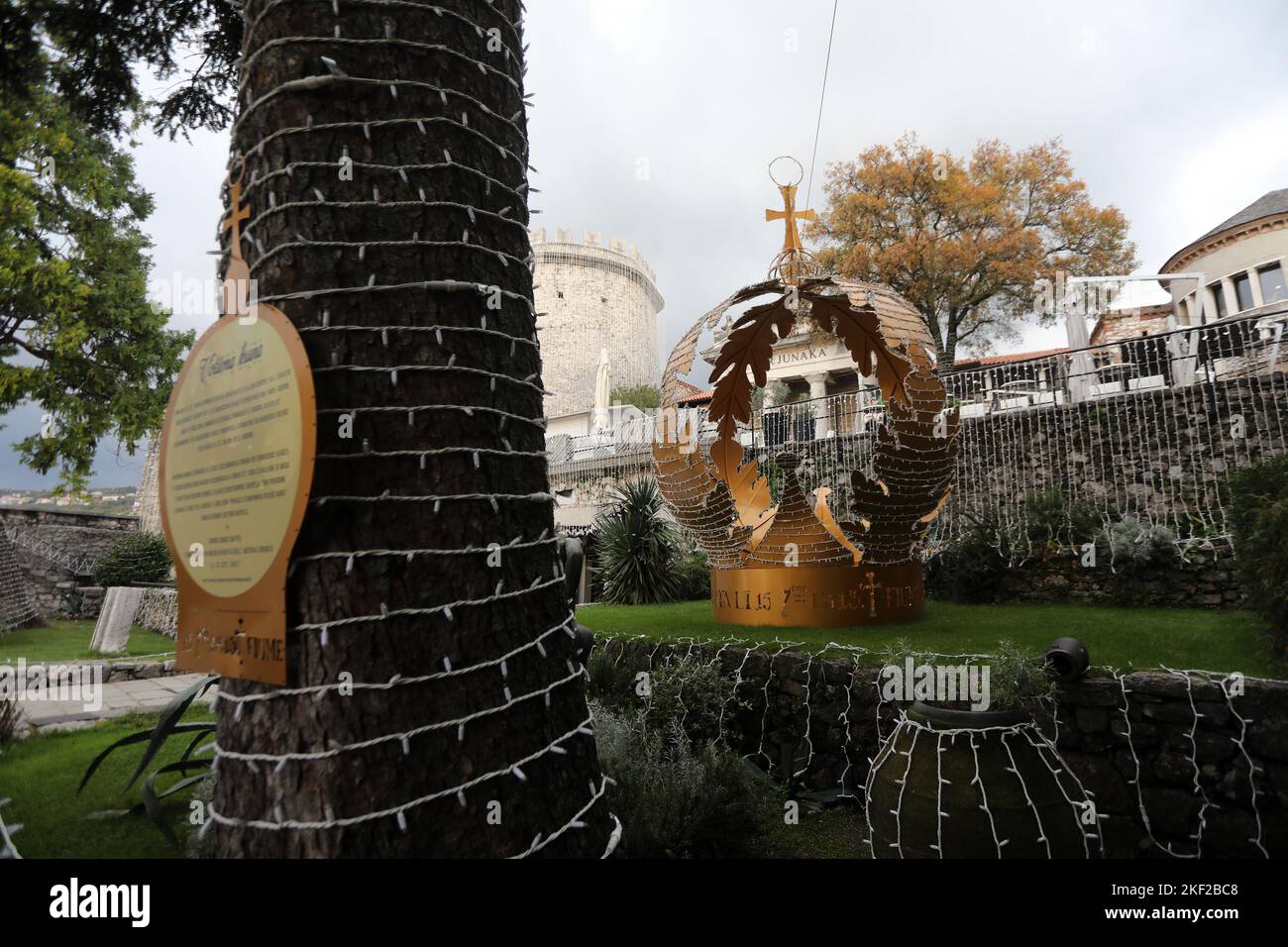Trsat castle is decorated with lights and Christmas decorations for the ...