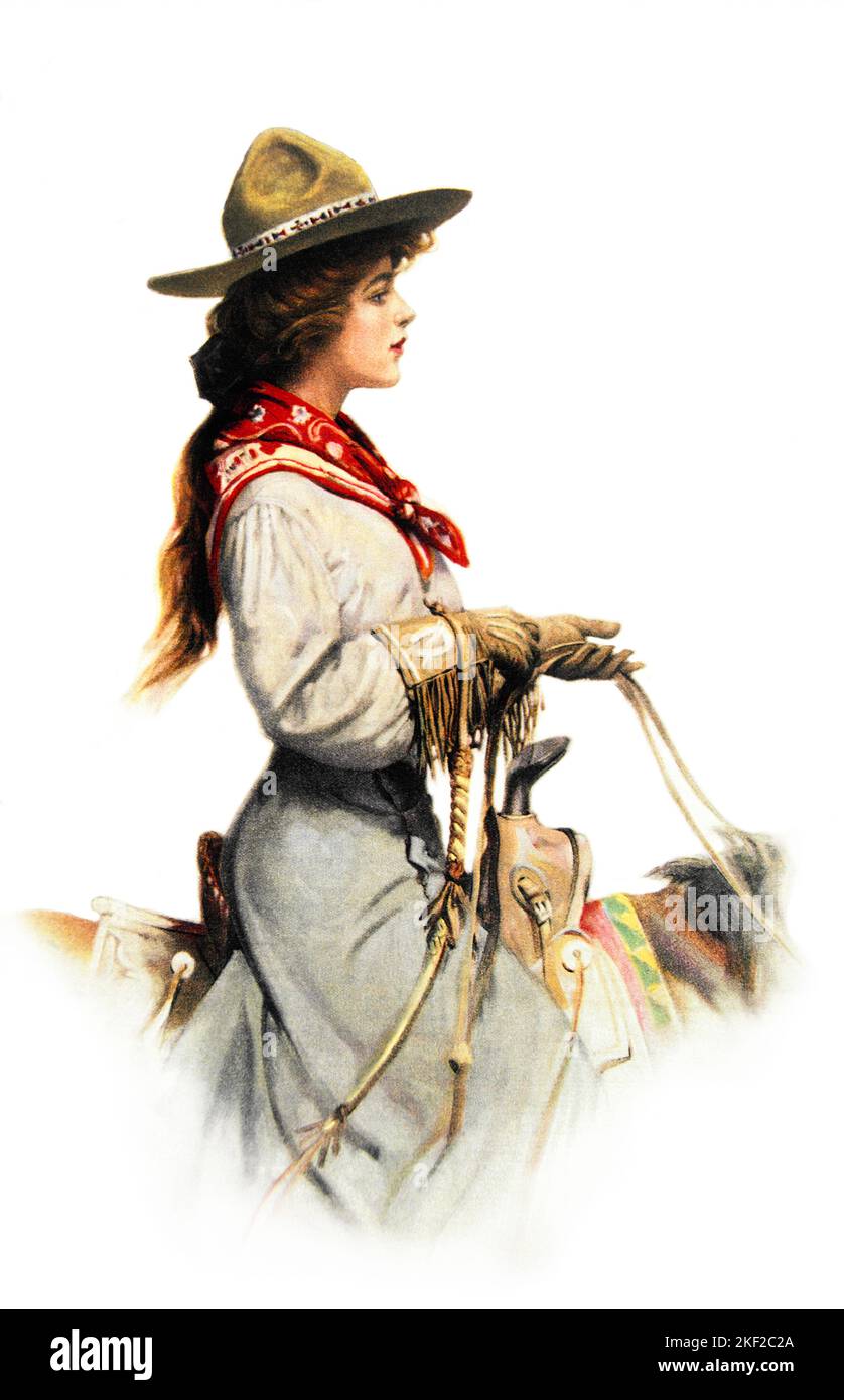 1900s WOMAN COWGIRL DRESSED WESTERN GARB RIDING HORSE SITTING WESTERN ...
