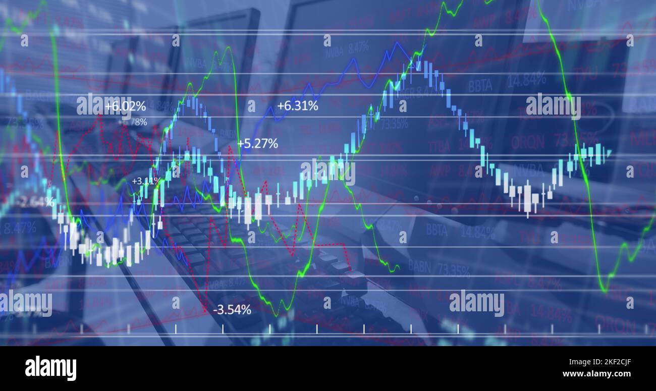 Image of financial data processing against close up of desks at office ...