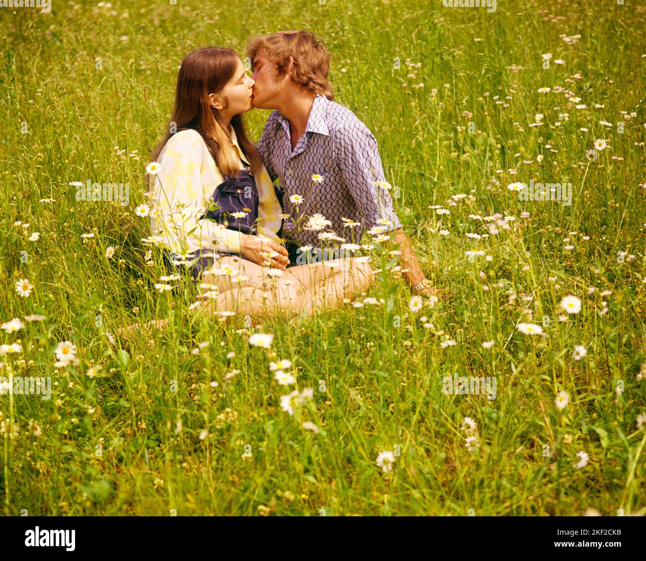 1970s TEEN COUPLE KISSING IN FIELD OF DAISIES - kj6269 HAR001 HARS ...