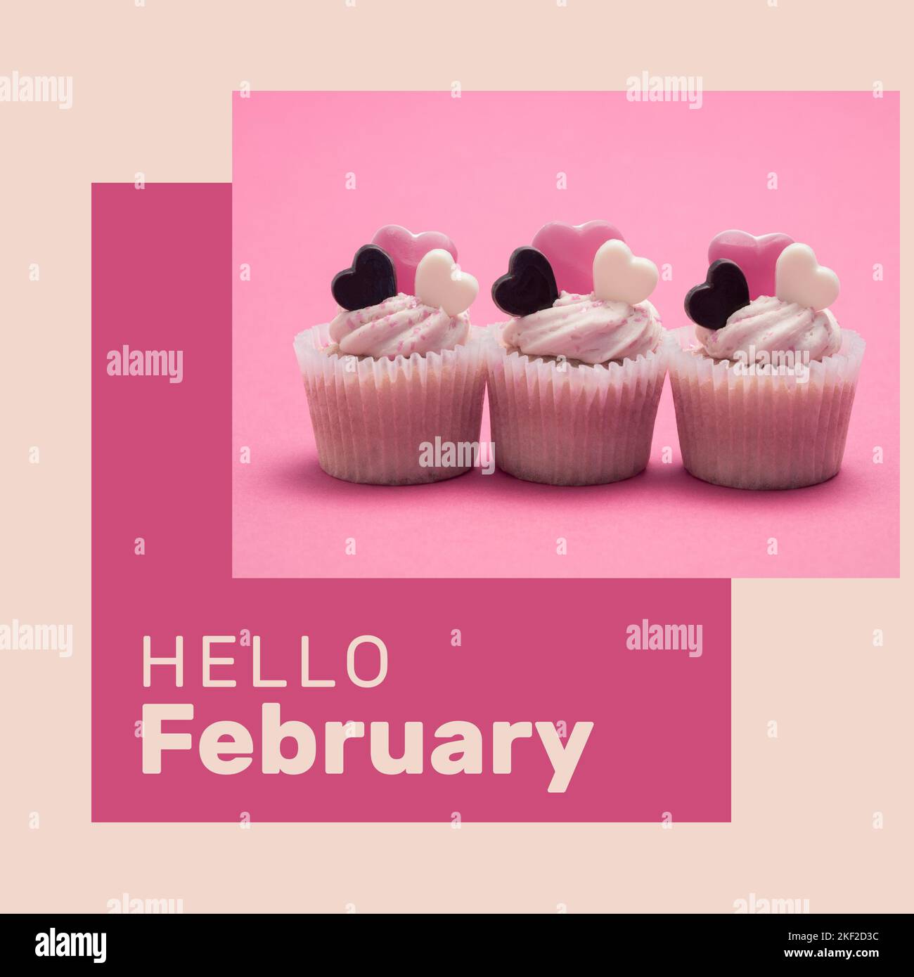 Composition of hello february text and cup cakes with hearts on pink ...