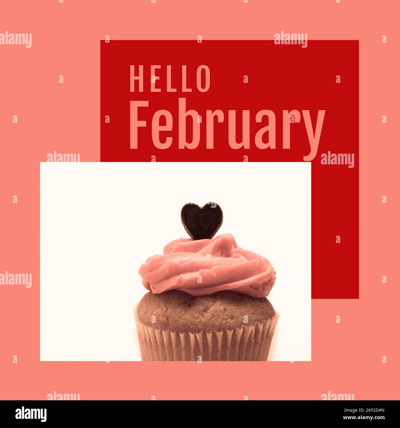 Composition of hello february text and cup cakes with hearts on white ...