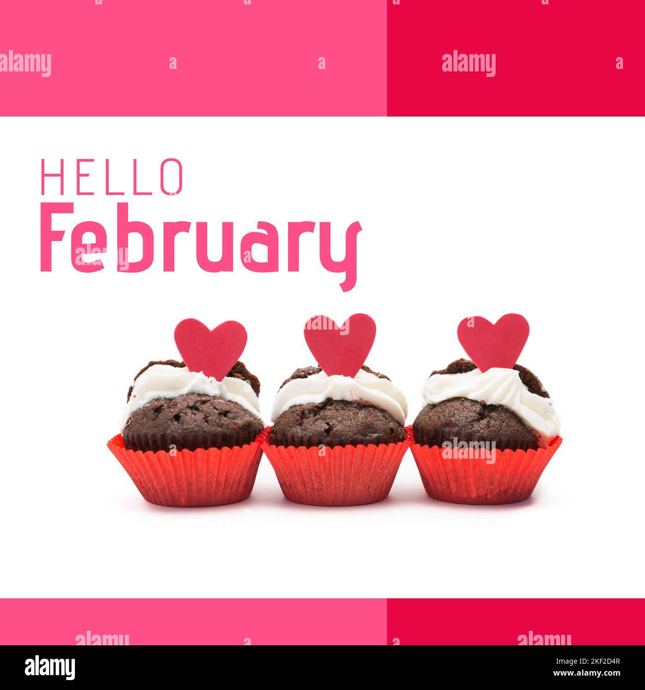 Composition of hello february text and cup cakes with hearts on white ...
