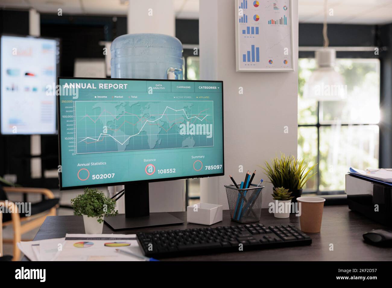 Front view of the computer screen with the company annual report and ...