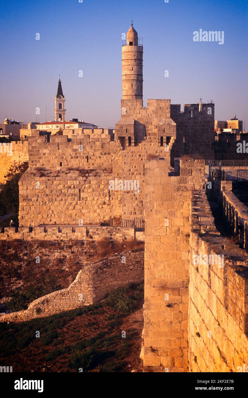 1990s RAMPART WALKWAY ATOP OLD CITY WALLS TOWER OF DAVID IN CENTER ...