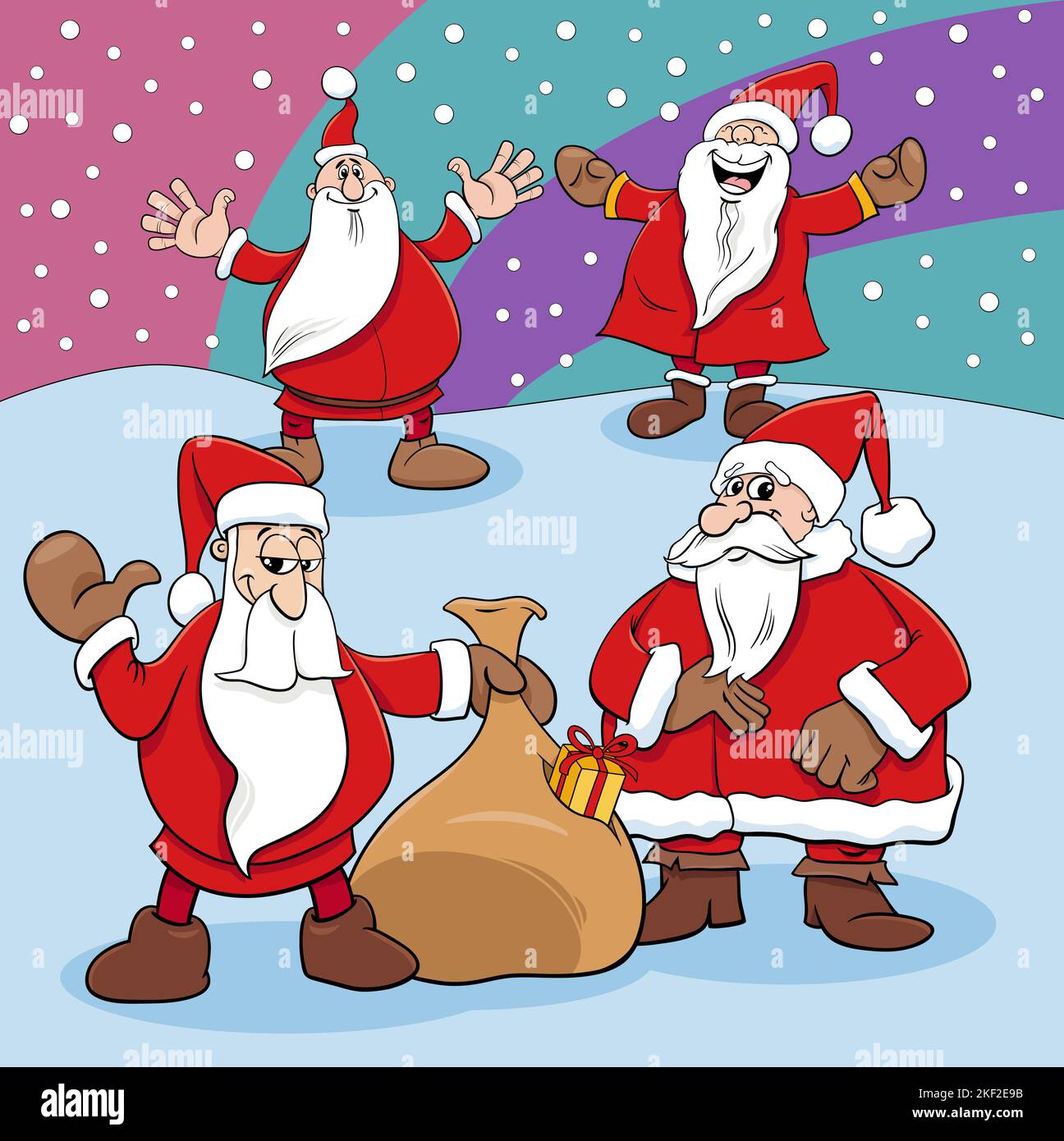 Cartoon illustration of Santa Clauses comic characters on Christmas ...