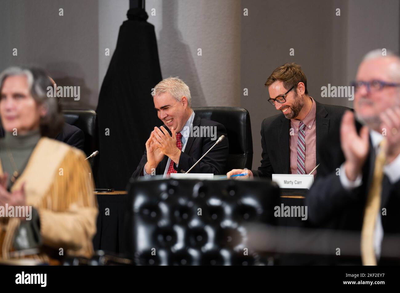 Ottawa City Councillor for River Ward Riley Brockington, left, laughs ...