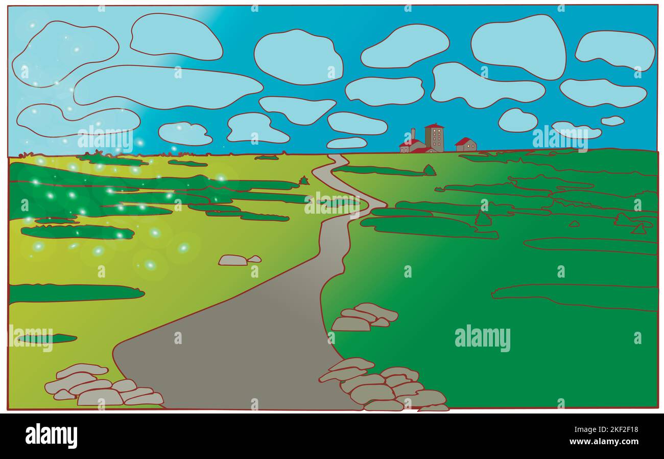 Cartoon nature landscape, dirt road go along field Stock Vector Image ...