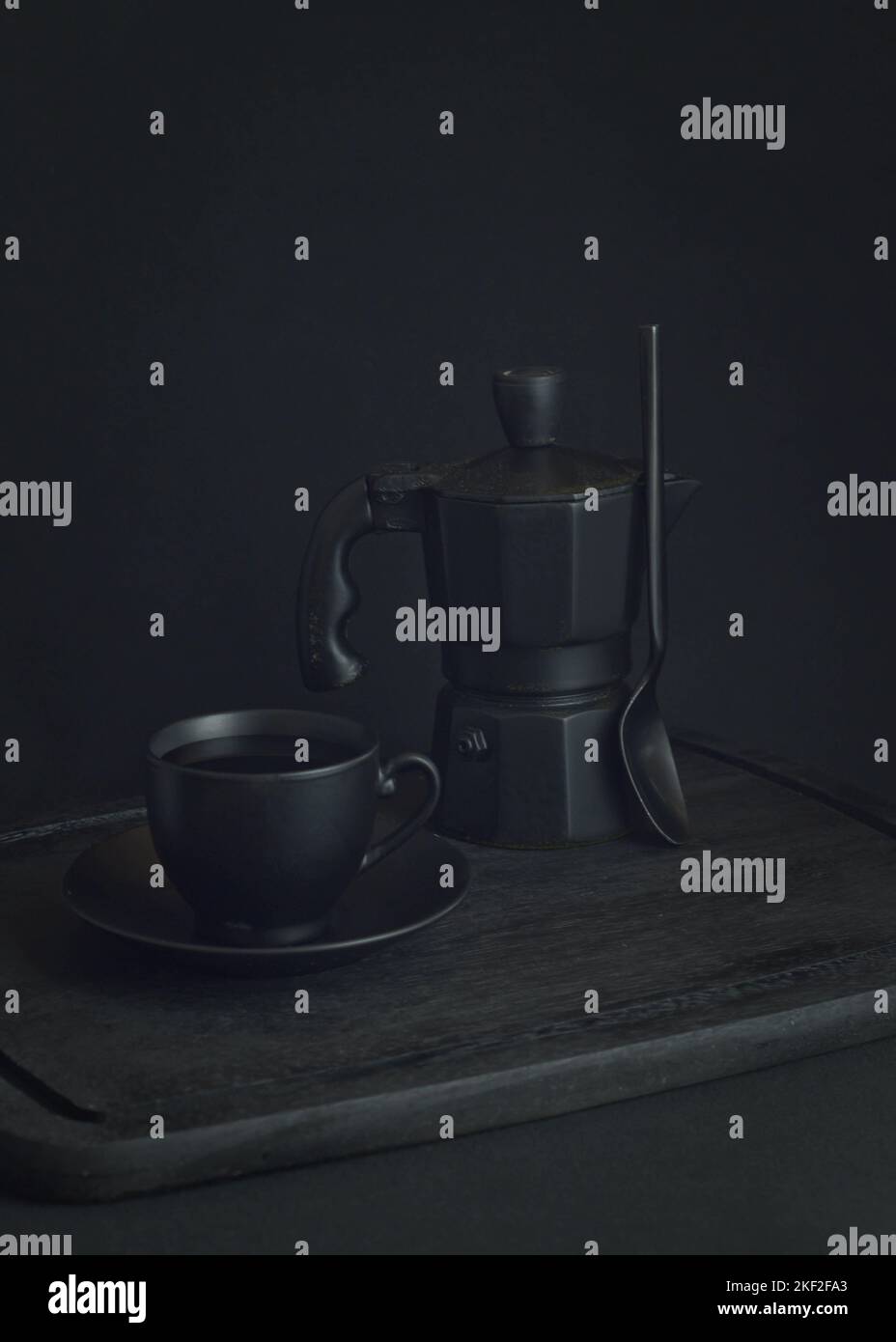 Italian coffee set. Cup of hot espresso, moka pot on a rustic wooden ...