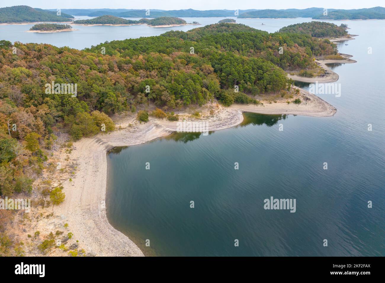 Aerial view of landscape of the surface of the water of Broken Bow lake ...