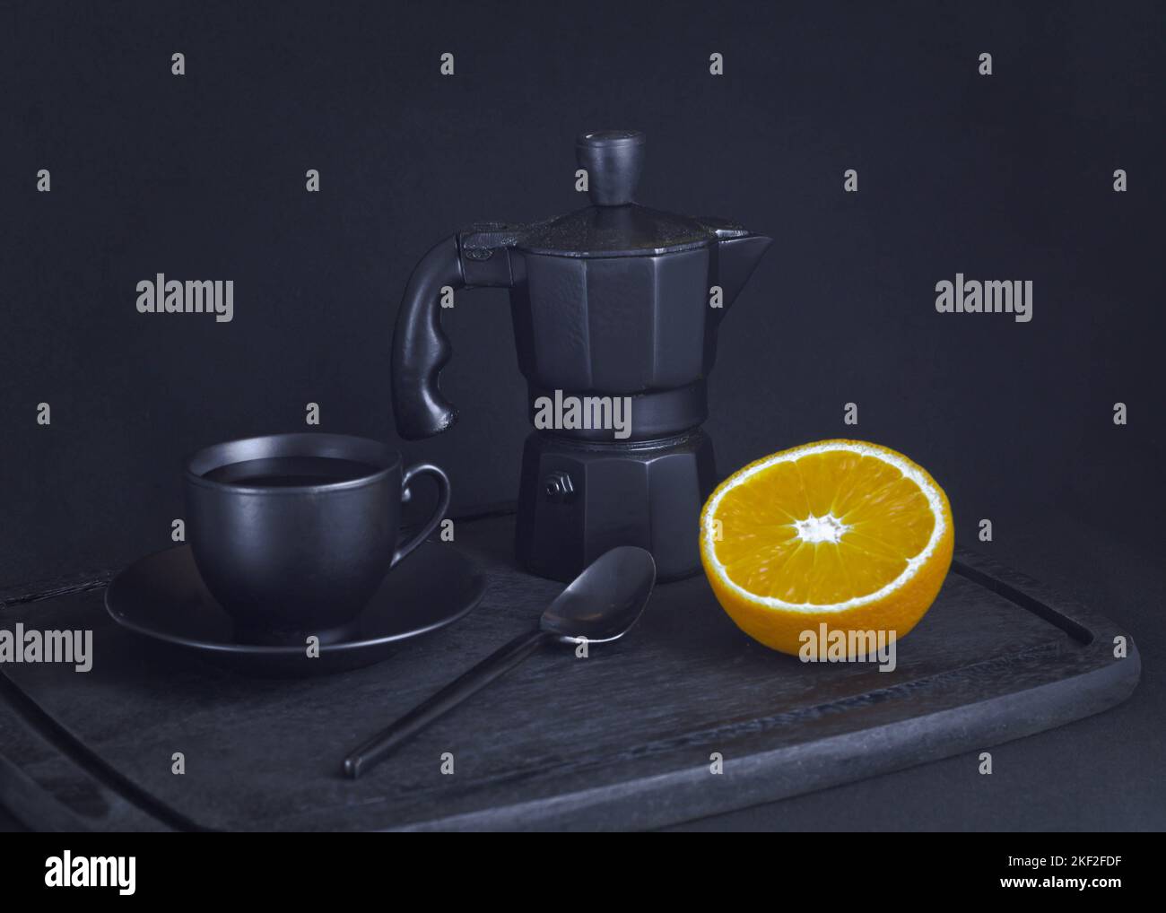 Italian coffee set. Cup of hot espresso, moka pot on a rustic wooden ...