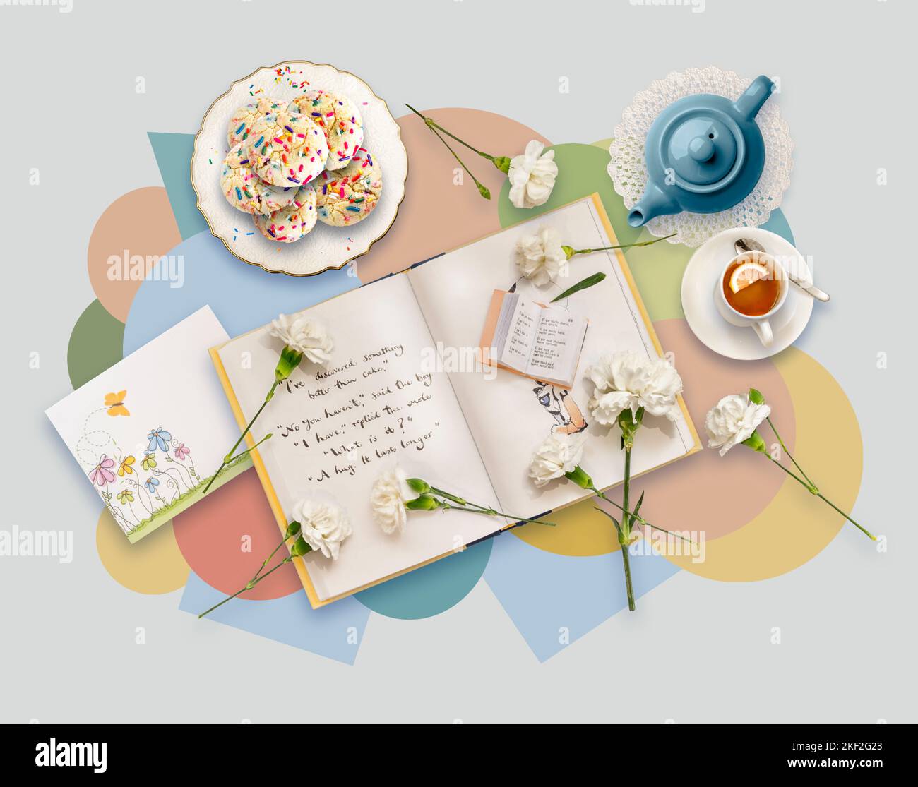 Books, teach, cookies, carnation flowers on colorful pastel background. Reading, relaxation ...