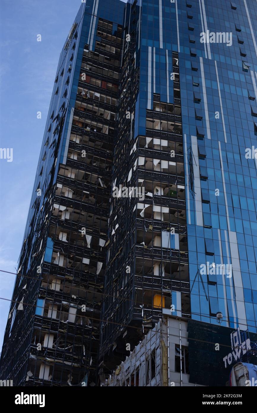 The destroyed facade of a skyscraper in Kiev after the shelling of ...