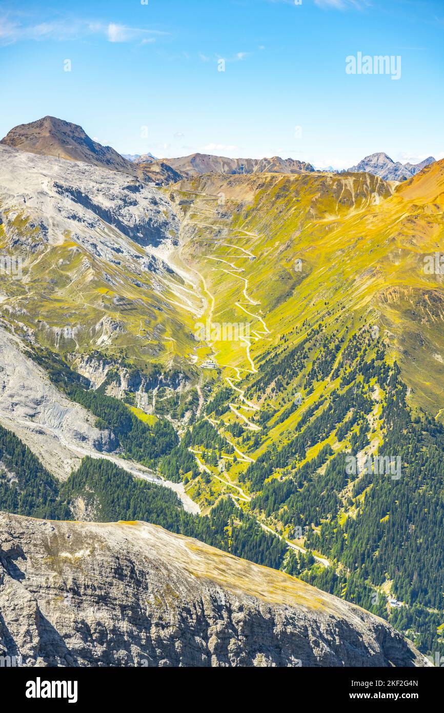 Serpentines of alpine mountain road to Stelvio Pass, Italian: Passo ...