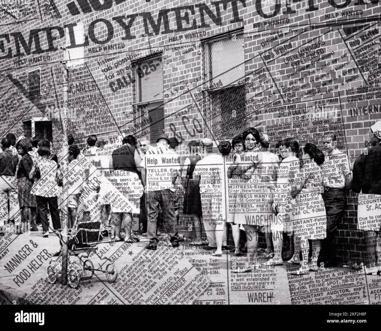 1960s GROUP PEOPLE STANDING IN LINE ALONG STREET WITH NEWSPAPER ADS OF ...
