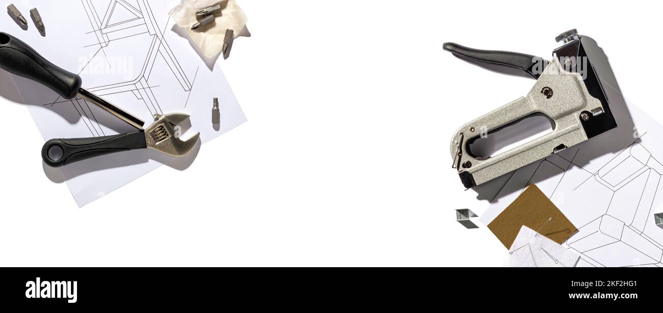 Furniture hand industrial tools with assembly drawings of a chair and ...