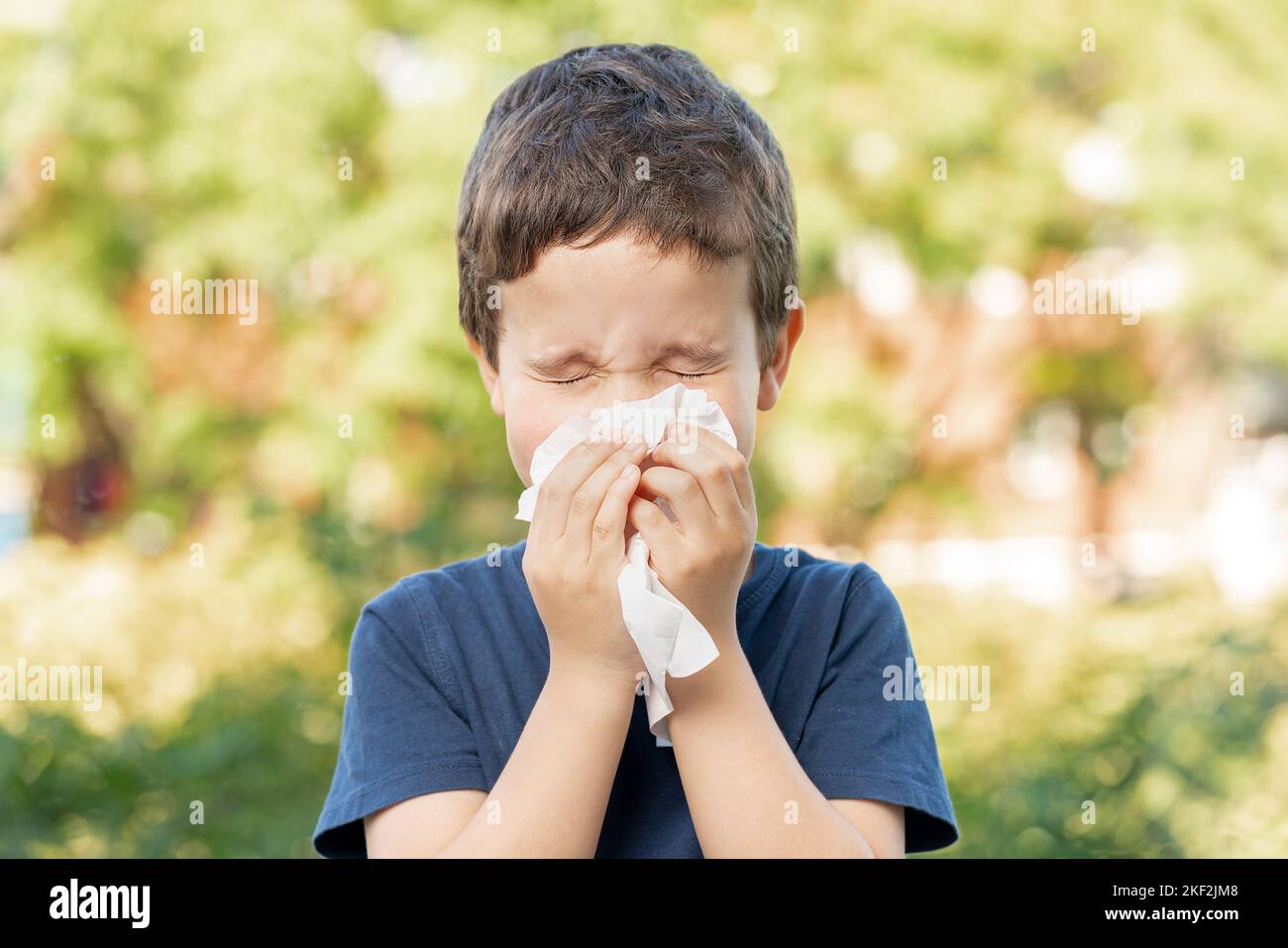Allergic child sneezing covering nose with wipe in a park in spring or summer season Stock Photo ...