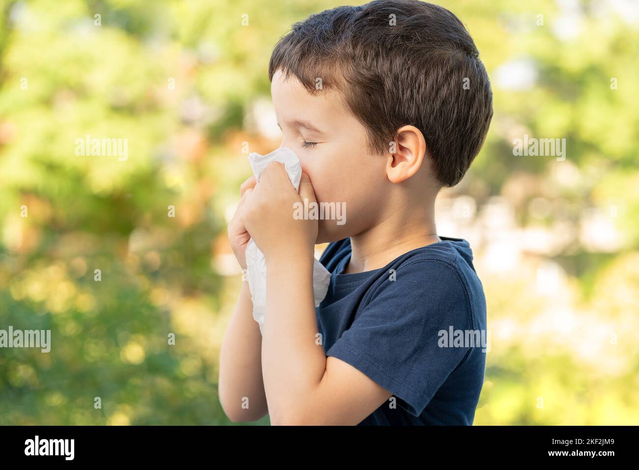 Allergic child sneezing covering nose with wipe in a park in spring or ...