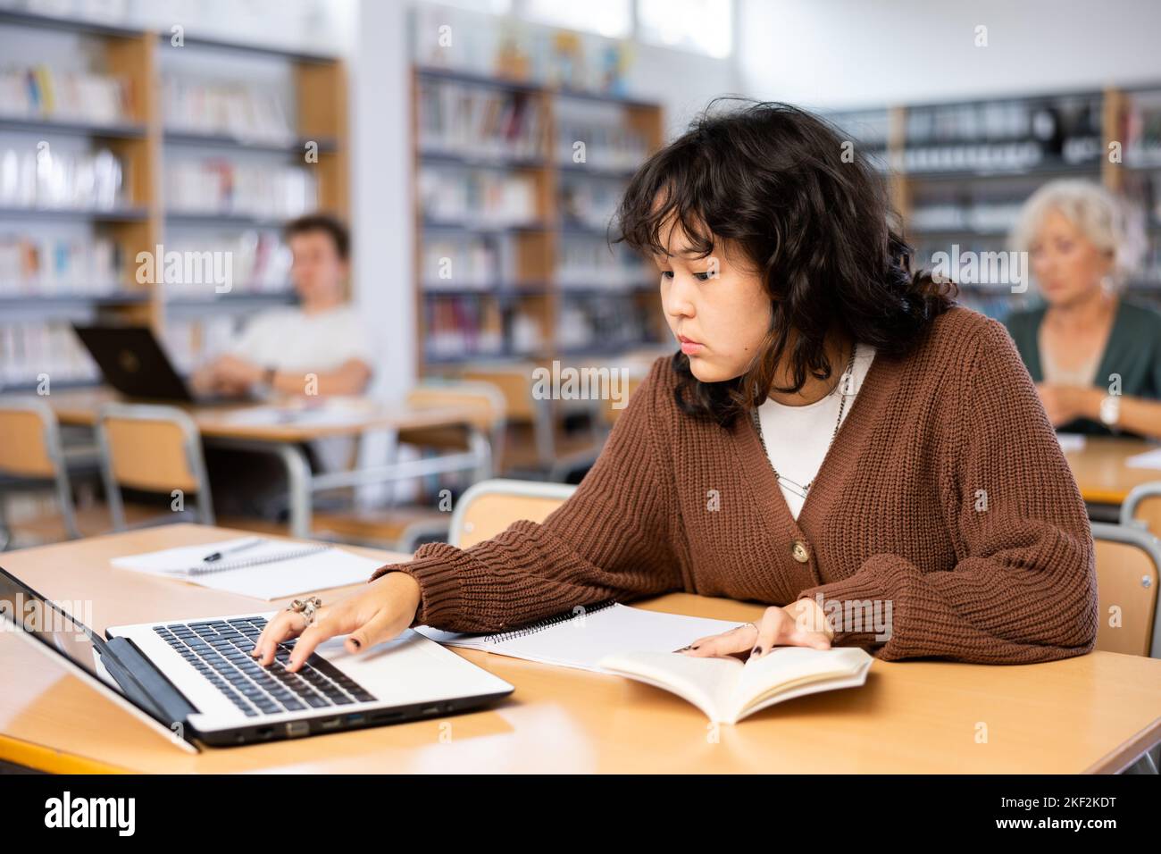 Fifteen-old-year schoolgirl doing homework in the school library Stock ...