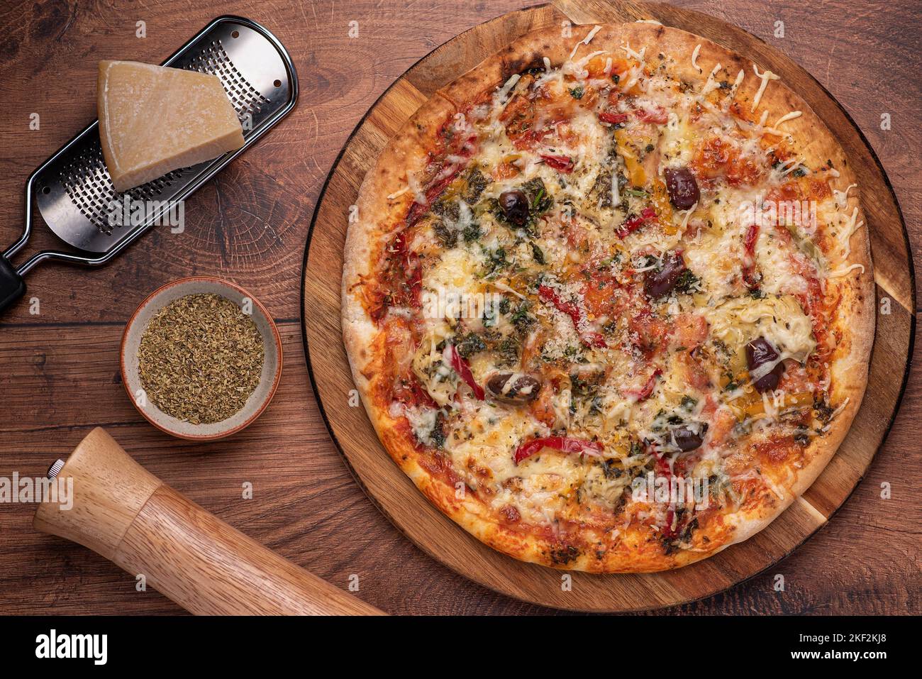Food photography of pizza, parmesan, cheese, appetizer, olive, oregano ...