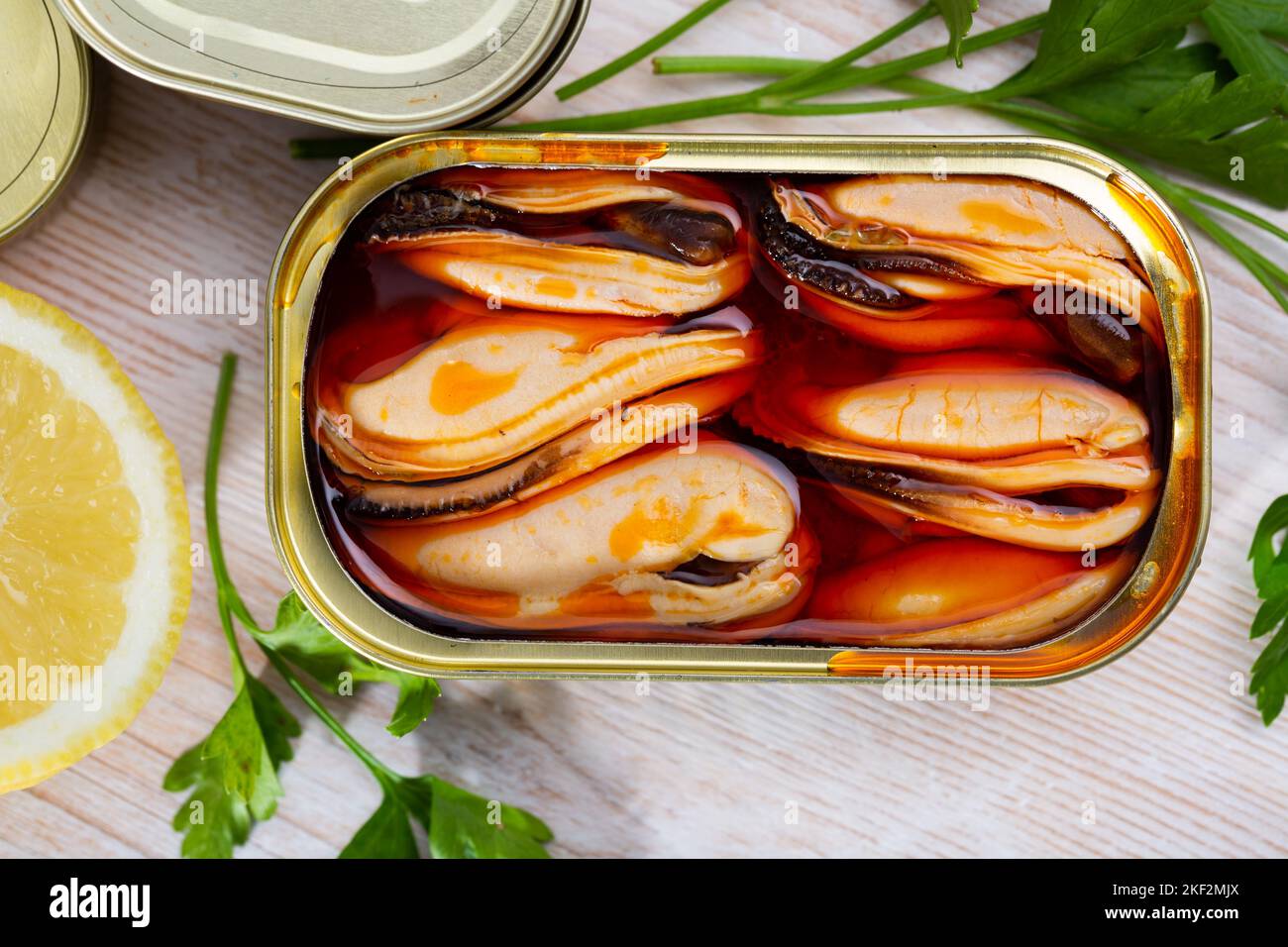 Canned seafood - mussels in oil Stock Photo - Alamy