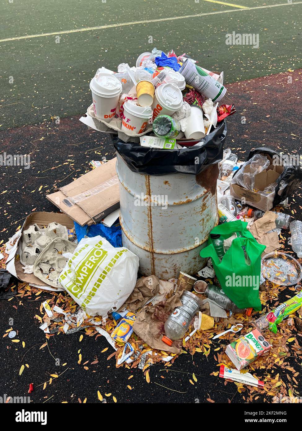 Overflowing garbage can at the Parade Grounds in Brooklyn New York ...