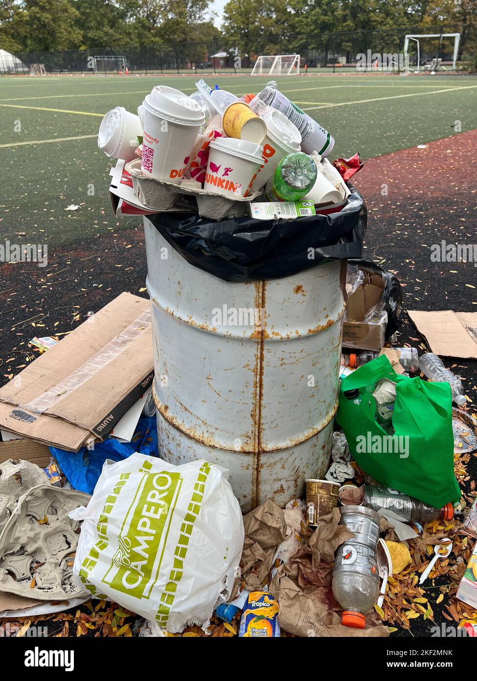 Overflowing garbage can at the Parade Grounds in Brooklyn New York ...