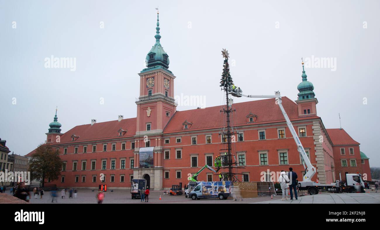 The yearly, traditional Christmas tree is seen being constructed on the ...
