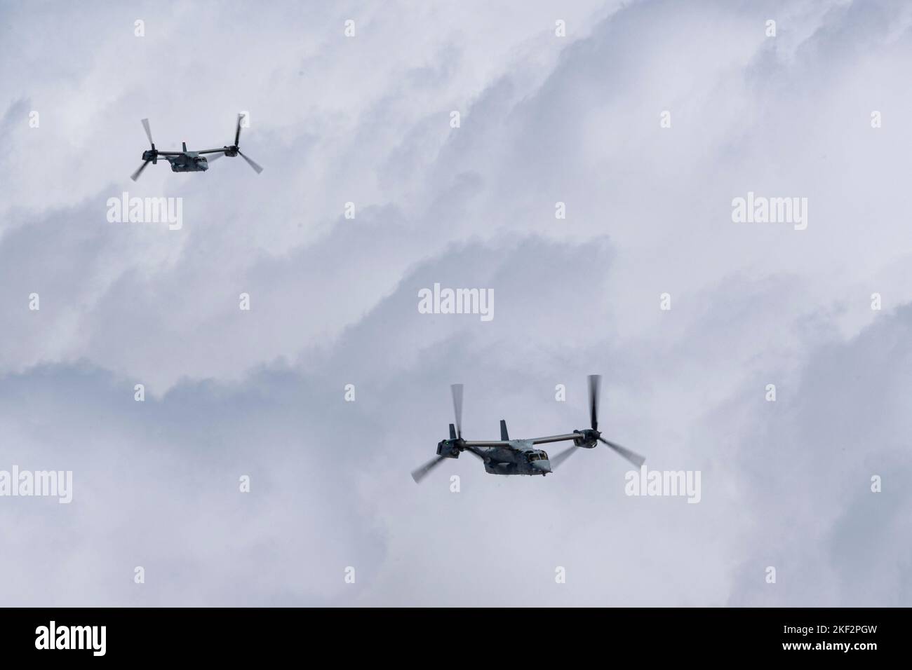 Two U.S. Marine Corps MV-22 Osprey, assigned to Marine Medium Tiltrotor Squadron 266 (VMM 266 ...